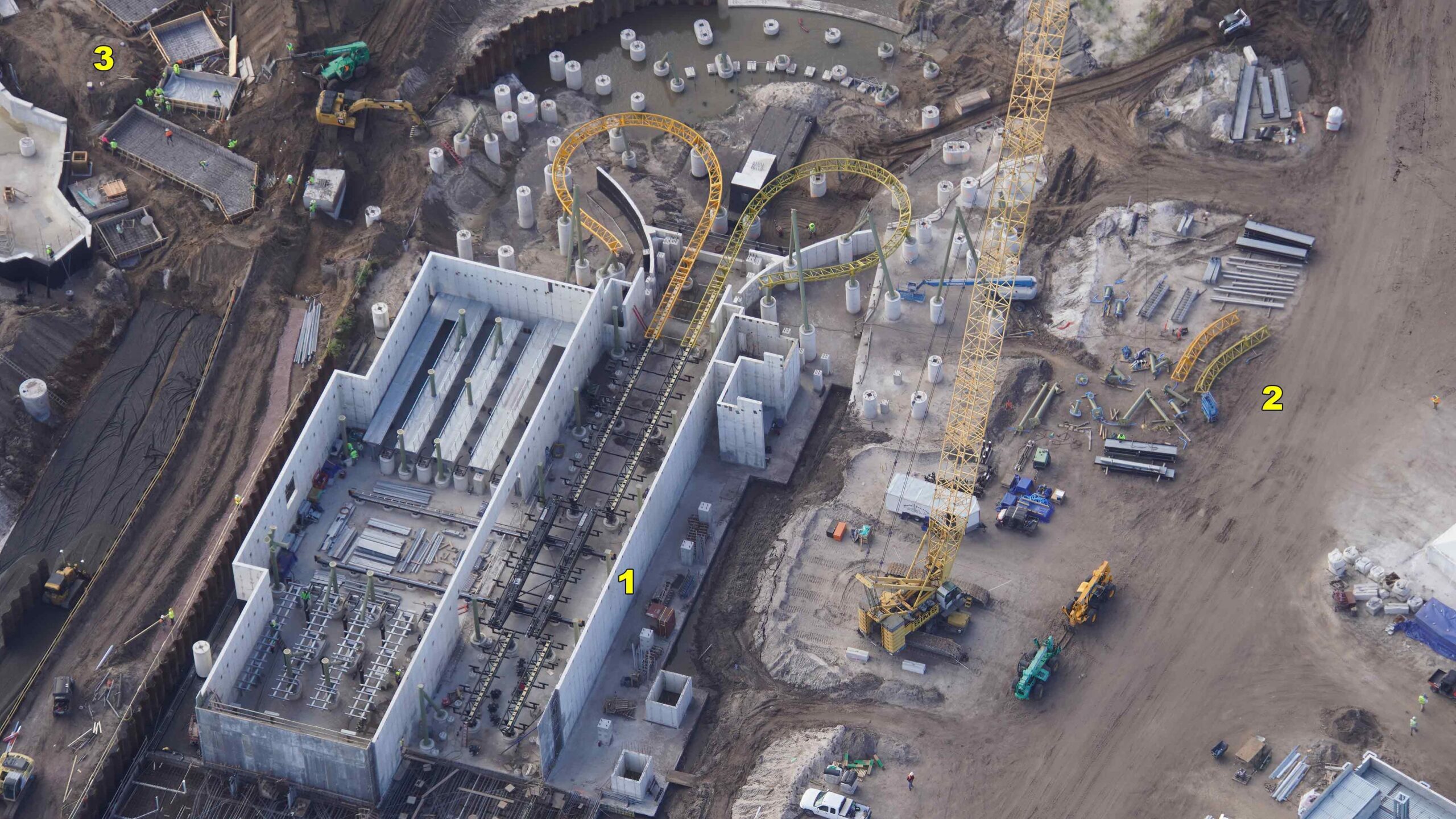 Aerial look at the track for high-speed dual-racing roller coaster in ...