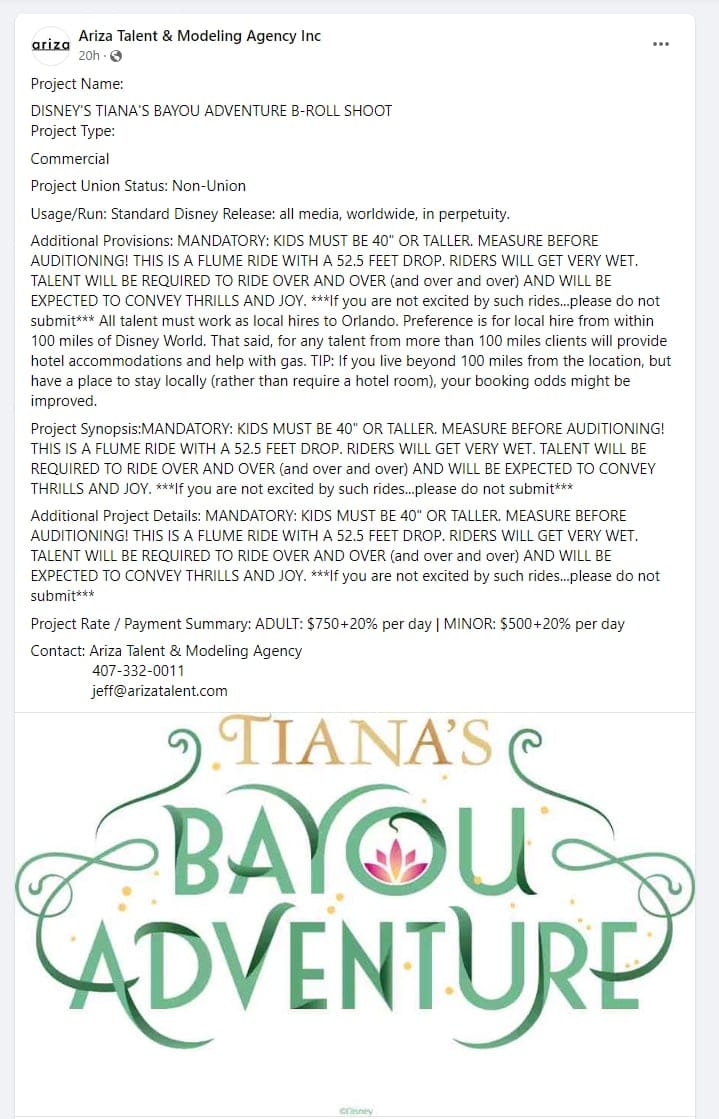 Casting Call Posted for Tiana’s Bayou Adventure Commercial | Chip and ...