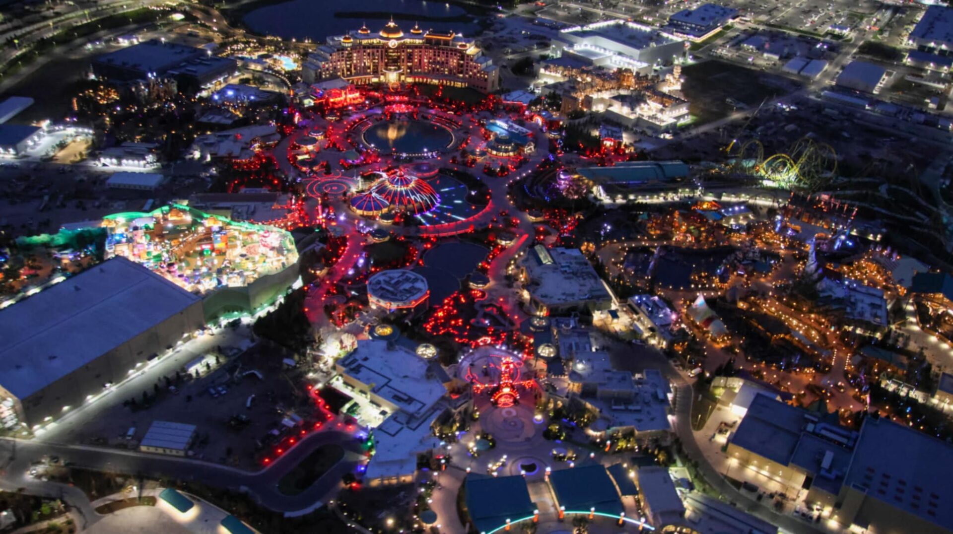 Aerial View of Universal Orlando Epic Universe at Night | Chip and Company